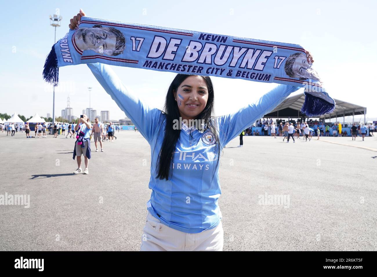 A Manchester City fan at the fanzone outside the stadium before the ...