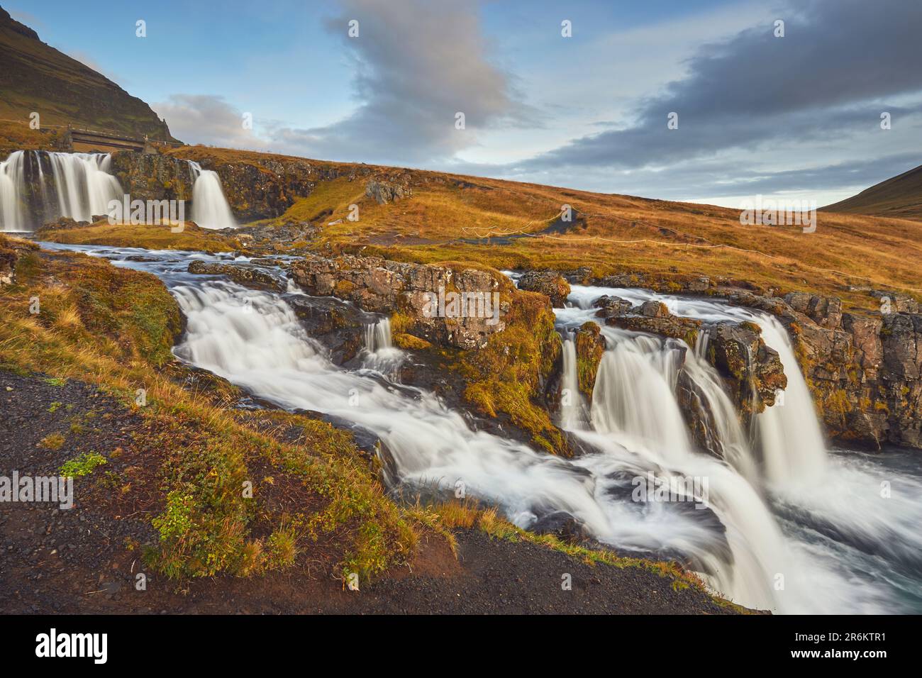 Kirkjufellsfoss Falls, near the port of Grundarfjordur, Snaefellsnes ...
