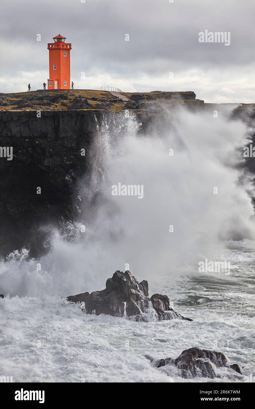 Storm surf against lava cliffs at Skalasnagi, Snaefellsjokull National ...