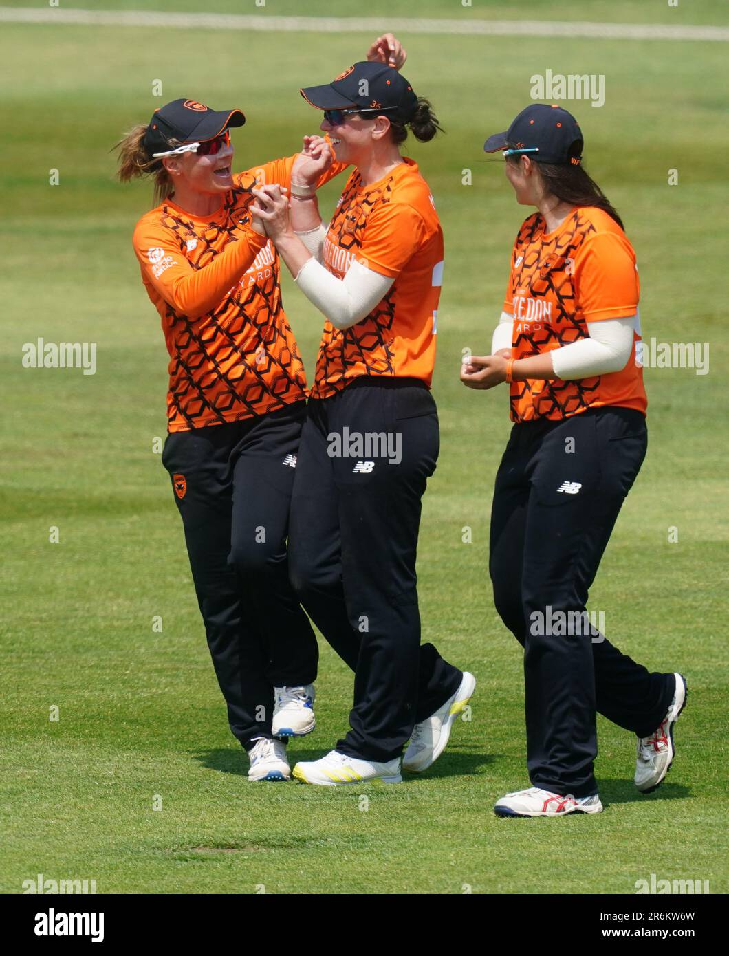 Southern Vipers Georgia Elwiss (centre) is congratulated by team mates ...