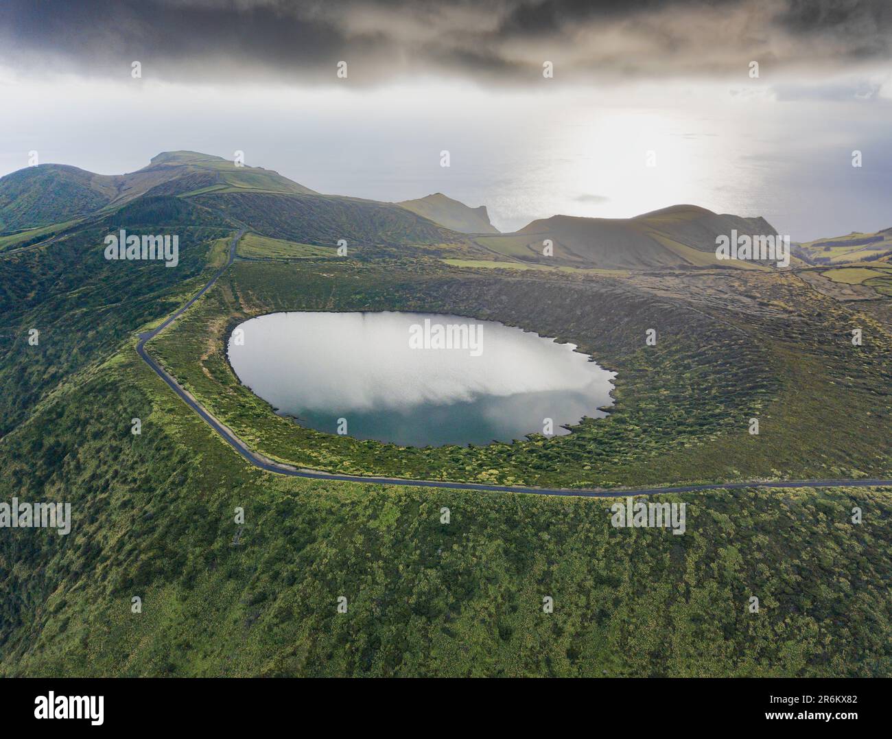 Aerial shot of Caldeira Rasa in Flores island, Azores islands, Portugal ...