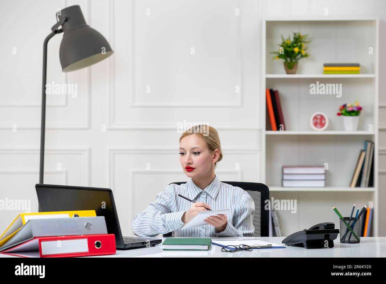 secretary in office lovely cute blonde young girl in shirt with work ...