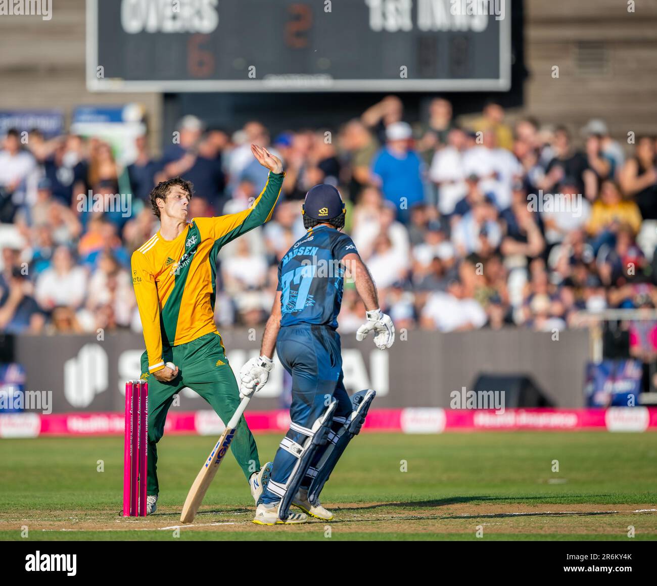 Calvin Harrison bowling for Notts Outlaws in a Vitality Blast T20 match ...