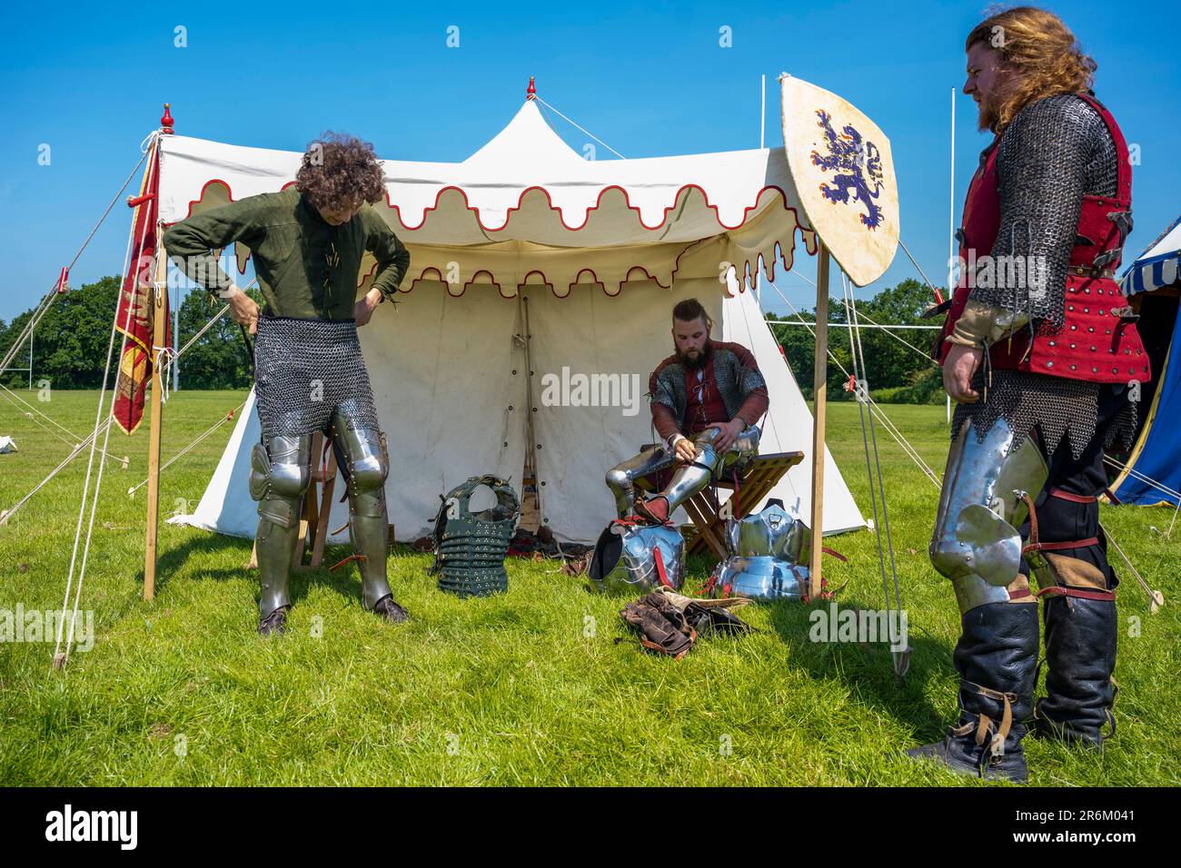 London, UK. 10 June 2023. Re-enactors don armour during in Barnet ...