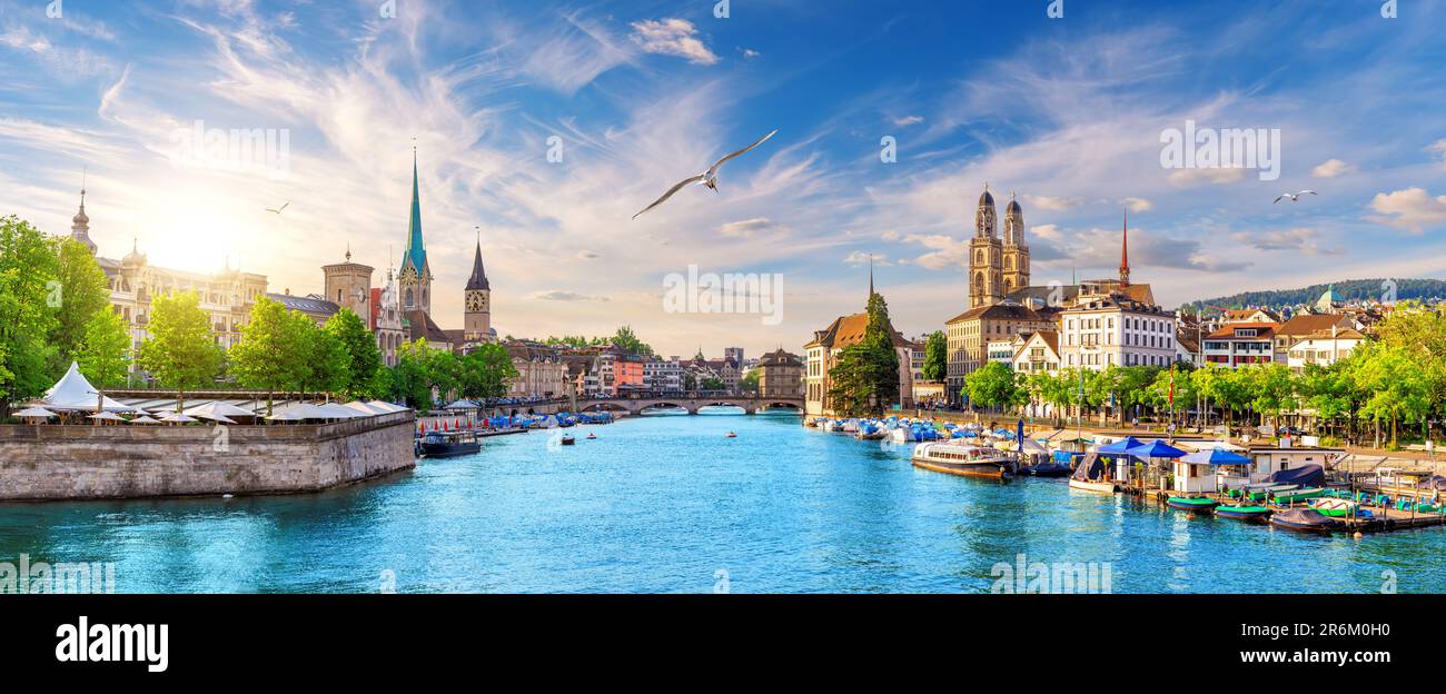 Aerial view on the downtown of Zurich at sunset, Switzerland Stock ...