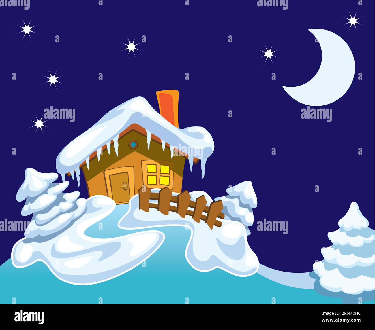 North Pole, Santa Claus house and winter background with night, stars ...