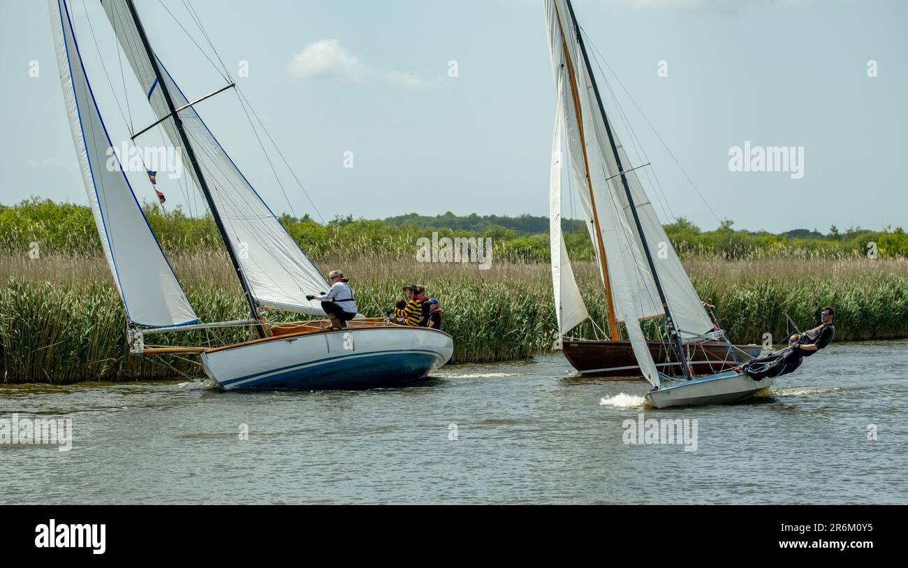Horning, Norfolk, UK – June 03 2023. Sailing boats competing in the ...