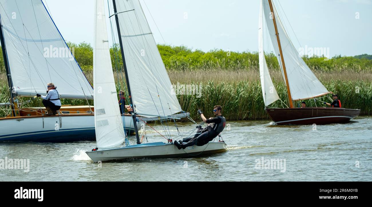 Horning, Norfolk, UK – June 03 2023. Sailing boats competing in the ...