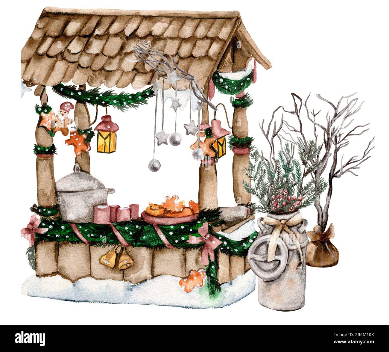 Christmas market with sweets in snow.Watercolor hand drawn illustration ...