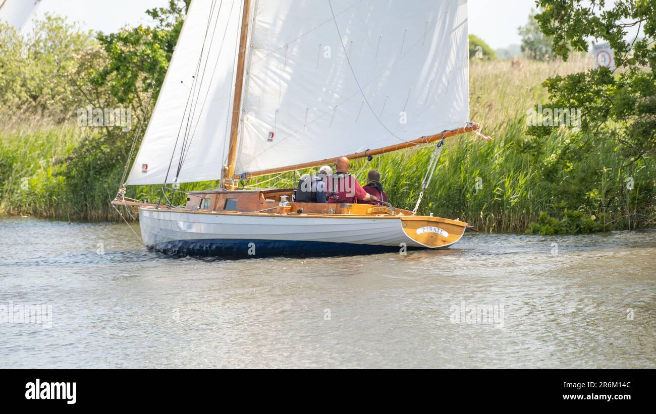 Wooden sailing boat on the River Bure, Norfolk Broads. Captured on a ...