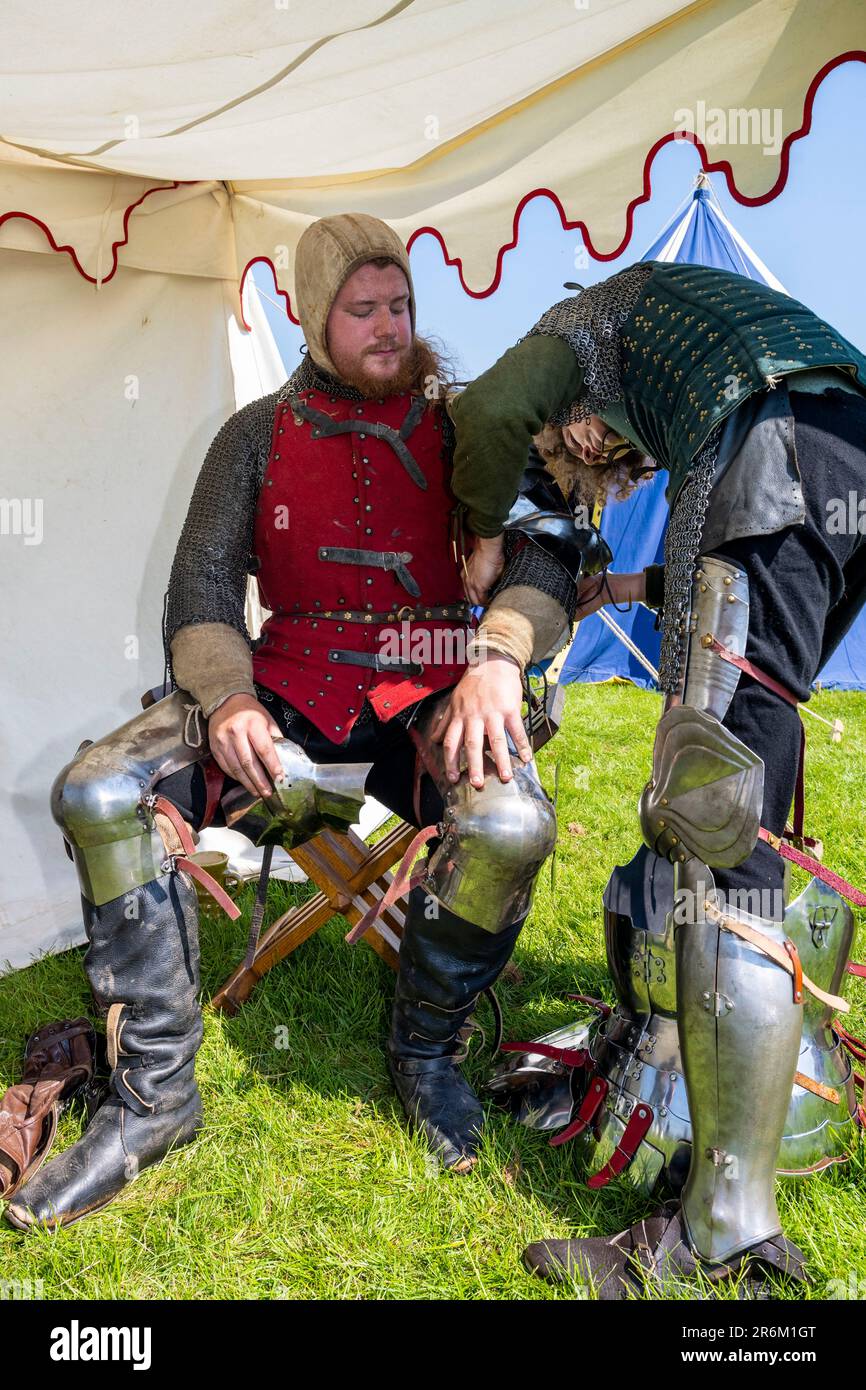 London, UK. 10 June 2023. Re-enactors don armour for Barnet Medieval ...