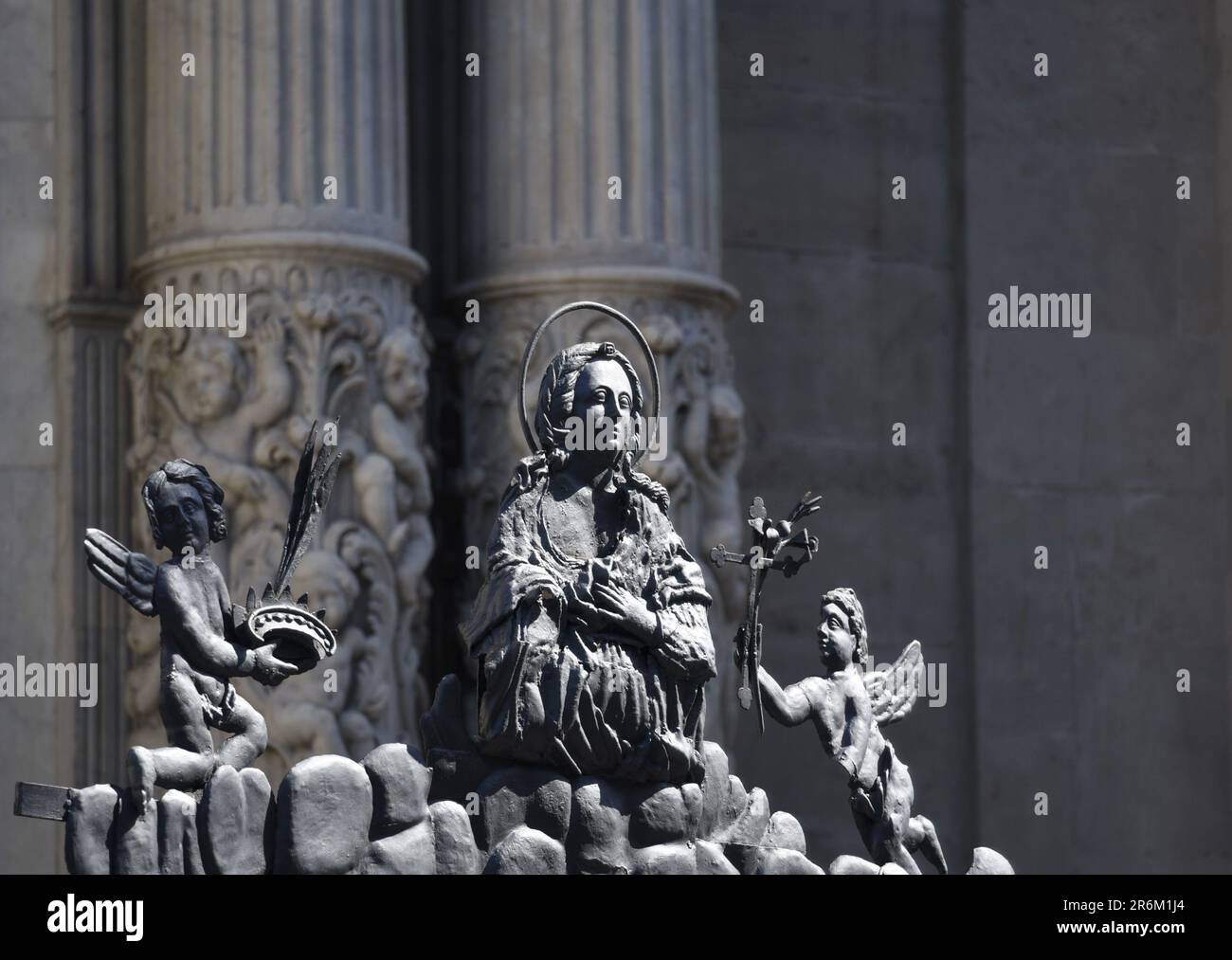 Religious sculpture and symbols on the exterior of the Baroque style ...