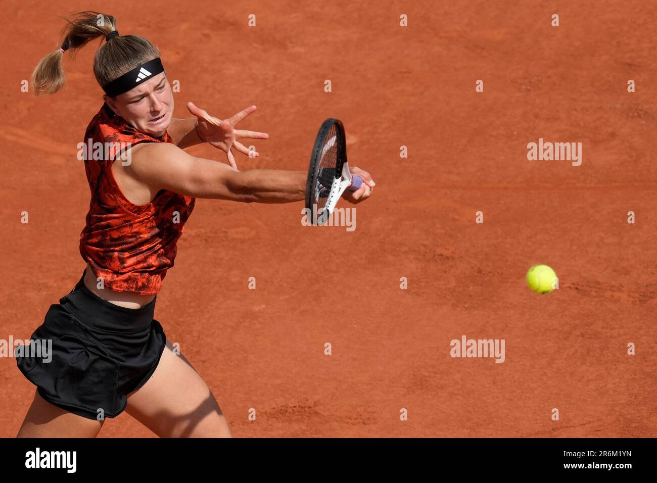 Karolina Muchova of the Czech Republic plays a shot against Poland's ...