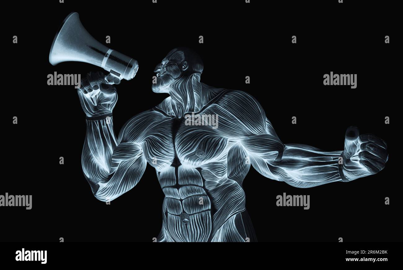 bodybuilder muscle maps is protesting and talking on the megaphone in ...