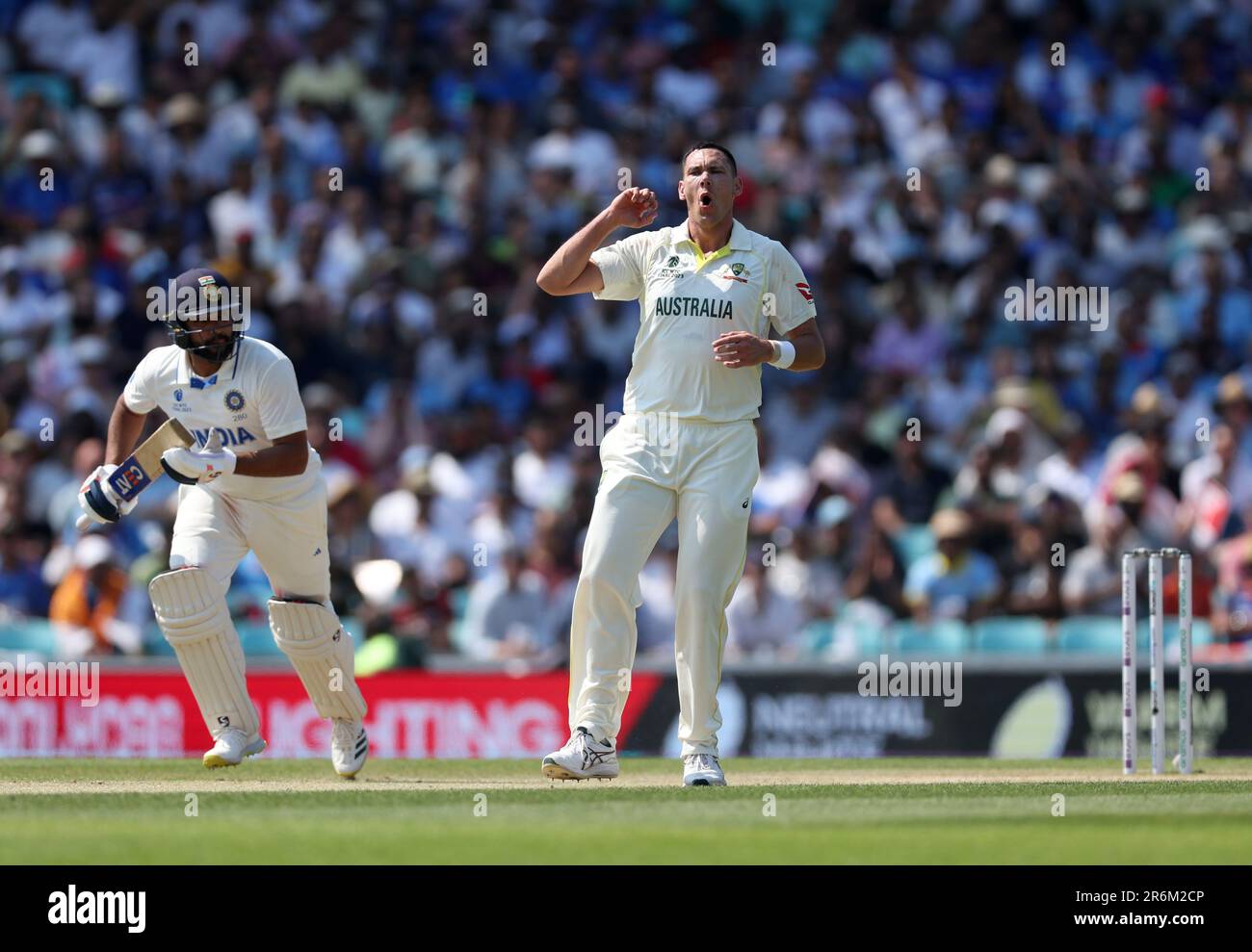 Australia's Scott Boland reacts after bowling a ball during day four of ...