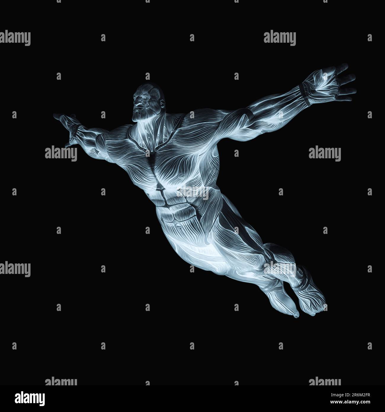 bodybuilder muscle maps is doing a free jump in white background, 3d ...
