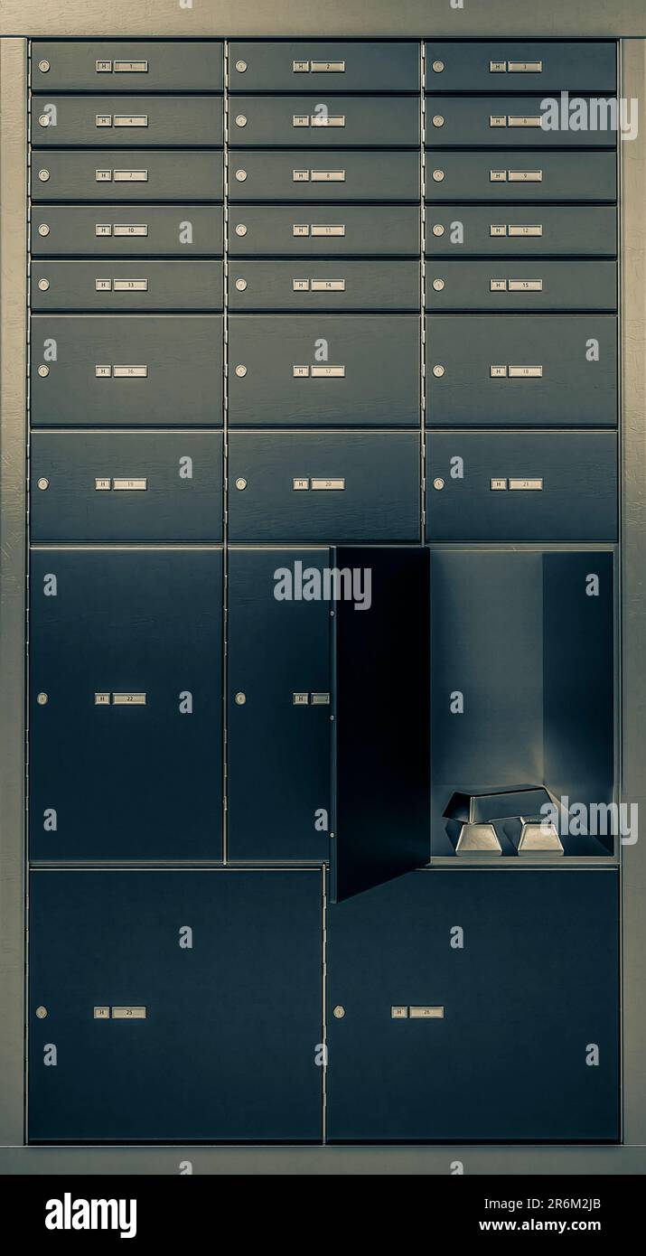 bank vault deposit rack door is open with gold inside, 3d illustration ...