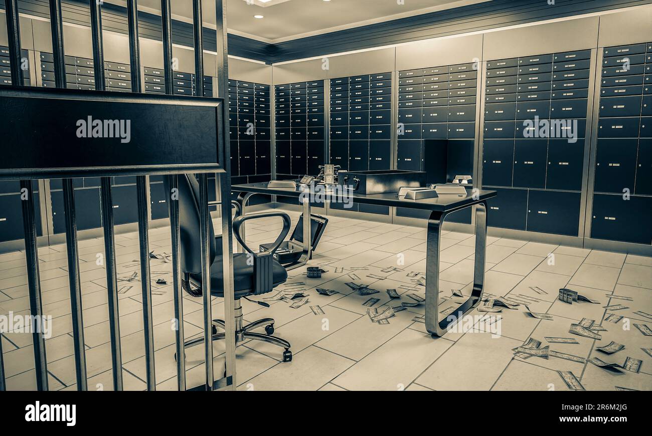 bank vault background was invaded first person view, 3d illustration ...