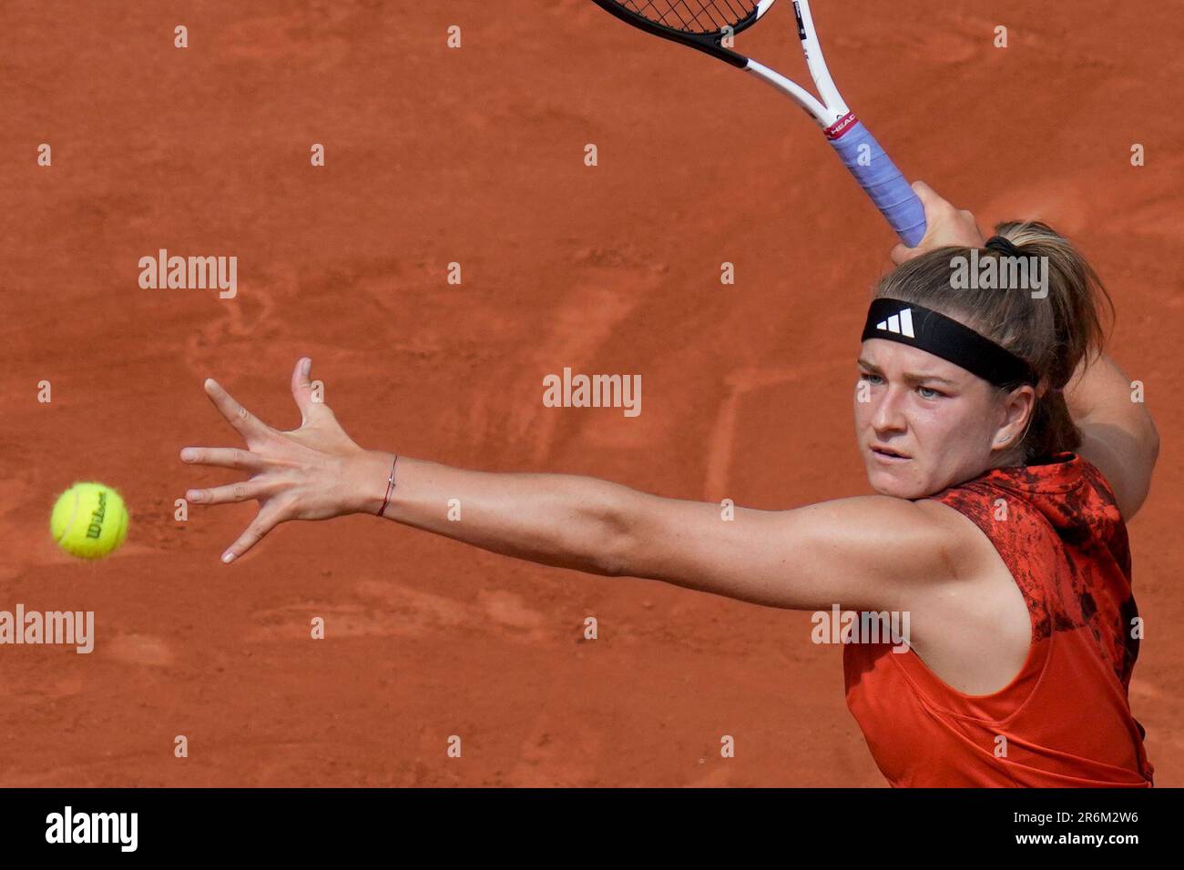 Karolina Muchova of the Czech Republic plays a shot against Poland's ...