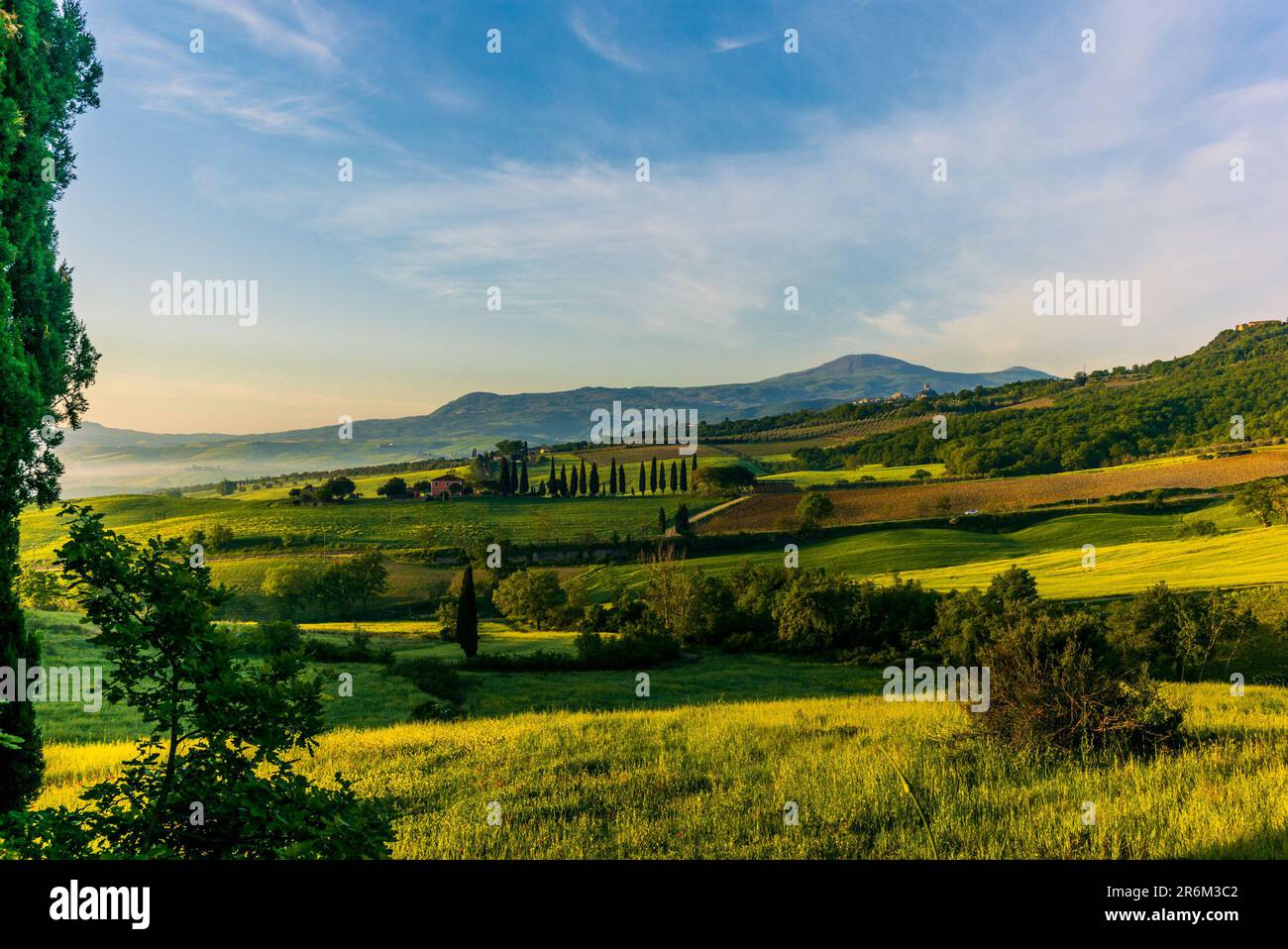 The wavy hills of the landscape in Val d'Orcia from San Quirico d'Orcia ...