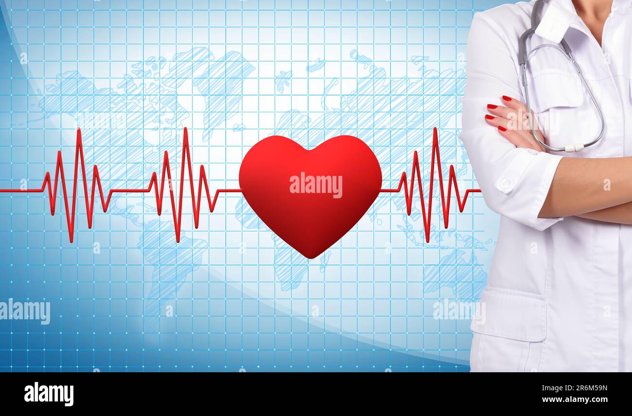 woman doctor with stethoscope, pulse and heart on background Stock ...