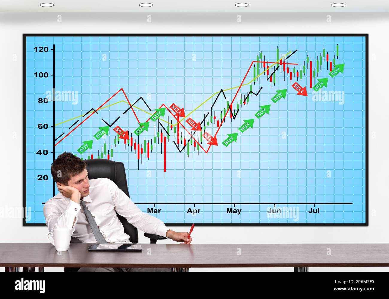 businessman in conference room with stock chart on screen Stock Photo ...