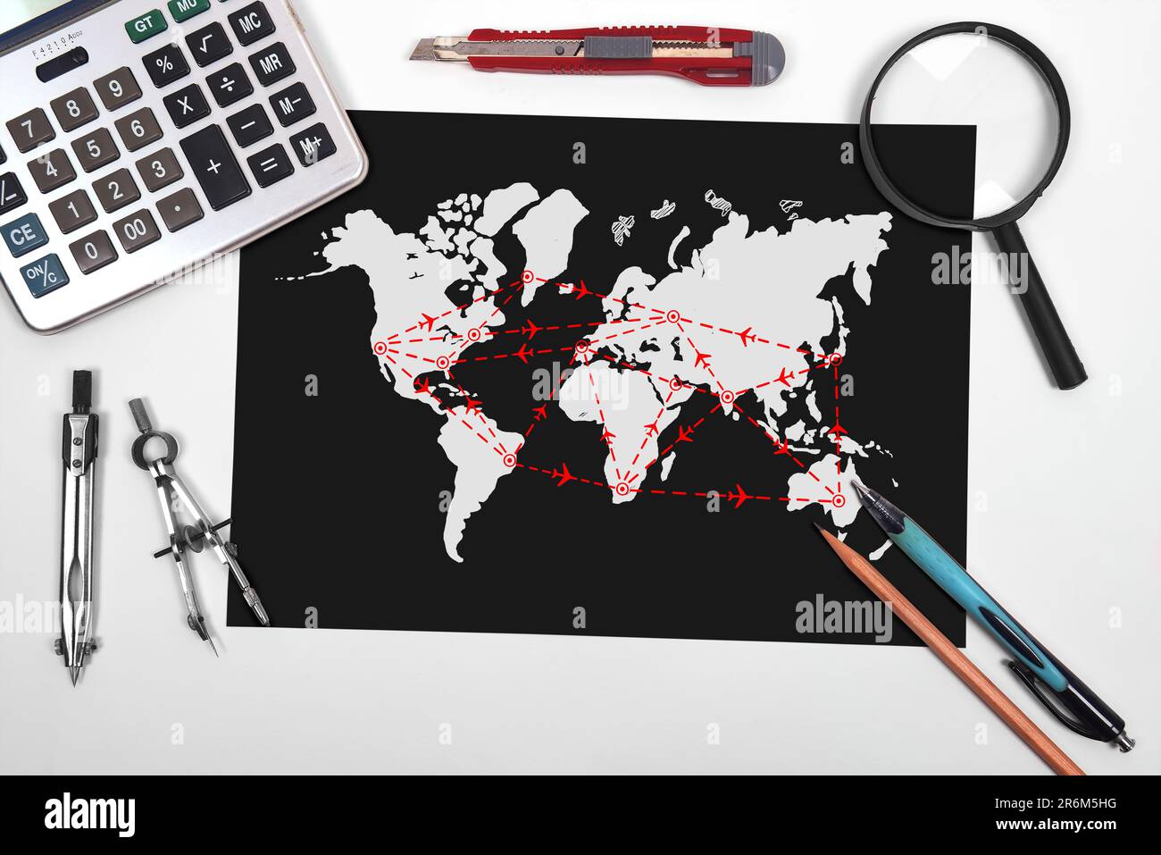 black paper with drawing map and tools on desktop engineer Stock Photo ...