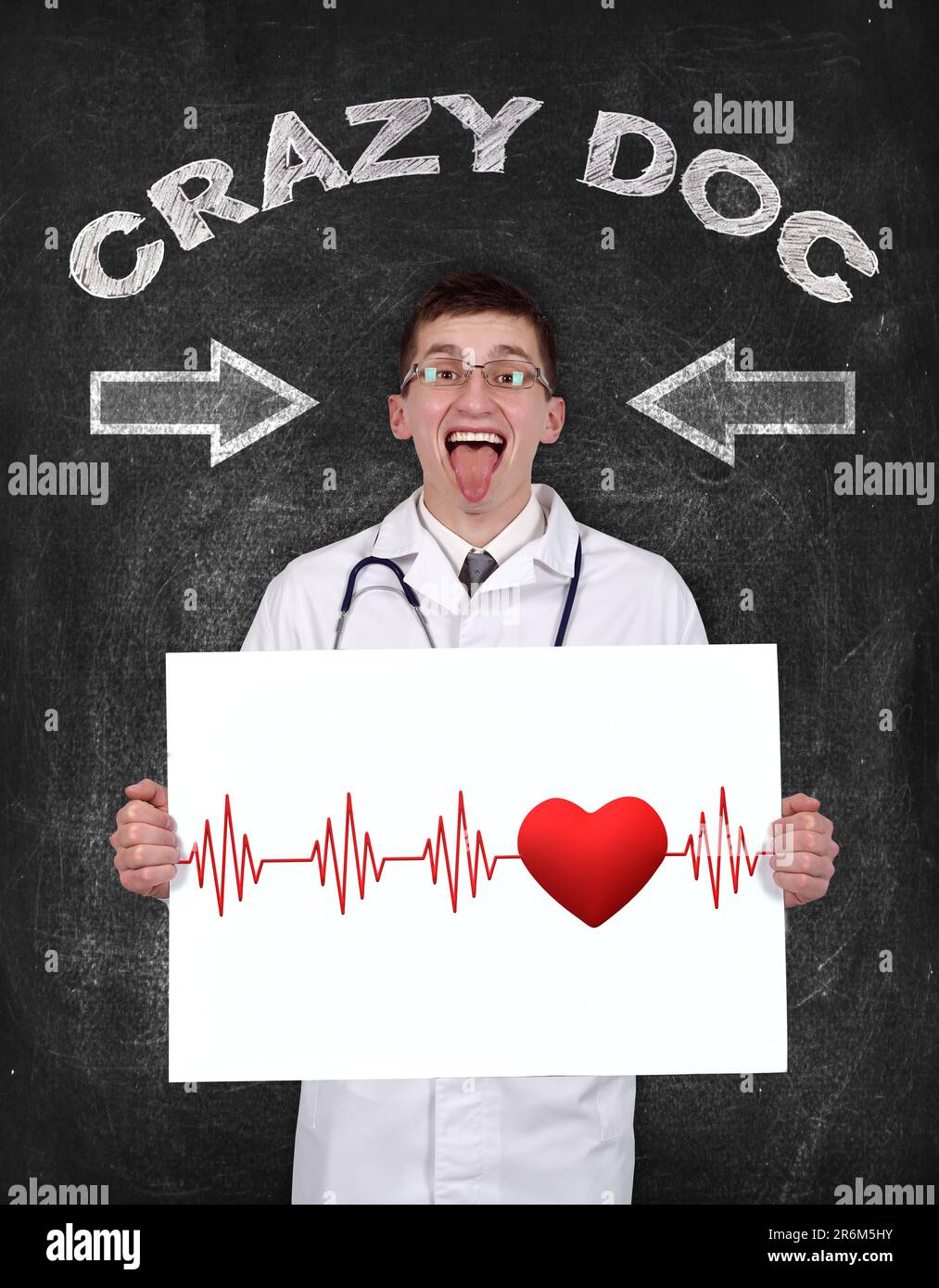 crazy doctor holding poster with pulse and heart Stock Photo - Alamy