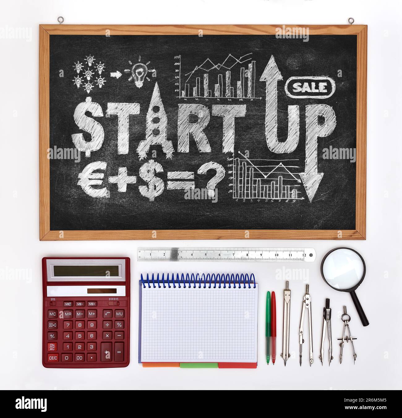 black board with drawing start up and business elements Stock Photo - Alamy