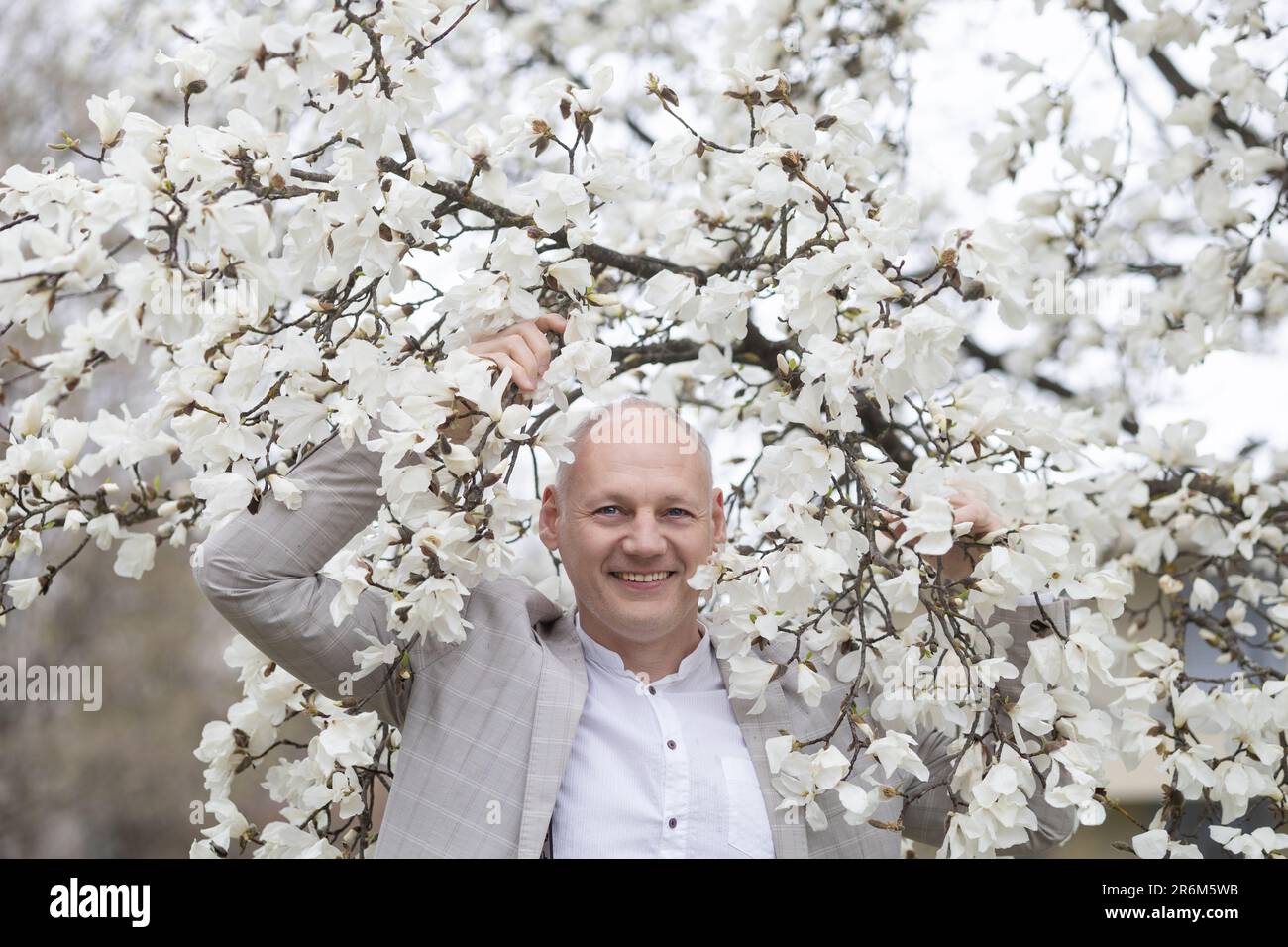 Beautiful smiling man on the background of white flowering magnolia ...