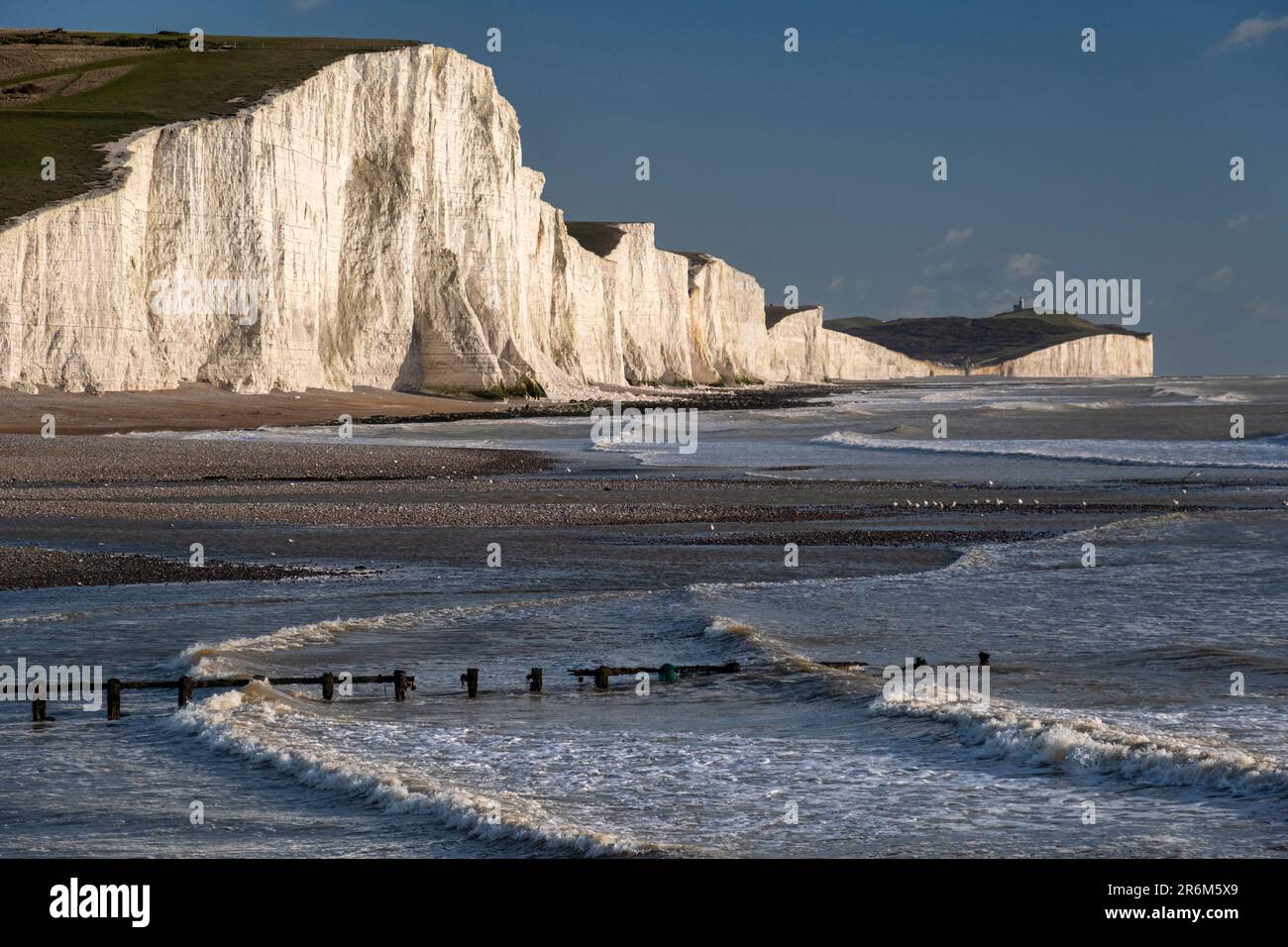 The Seven Sisters white chalk cliffs from Cuckmere Haven, South Downs ...