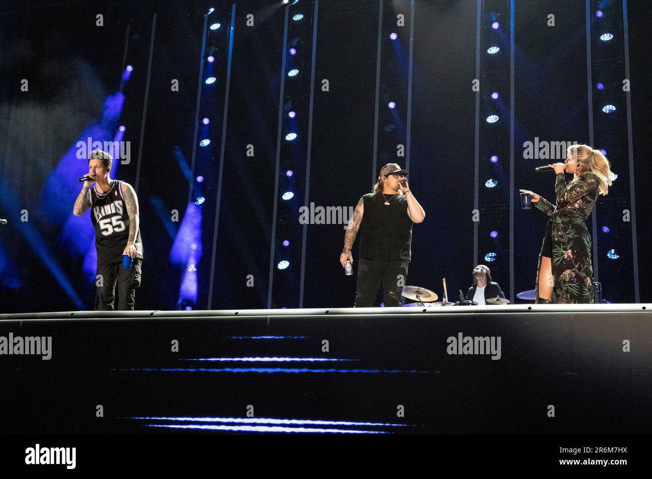 Devin Dawson, left, HARDY and Lauren Alaina perform during the 2023 CMA ...
