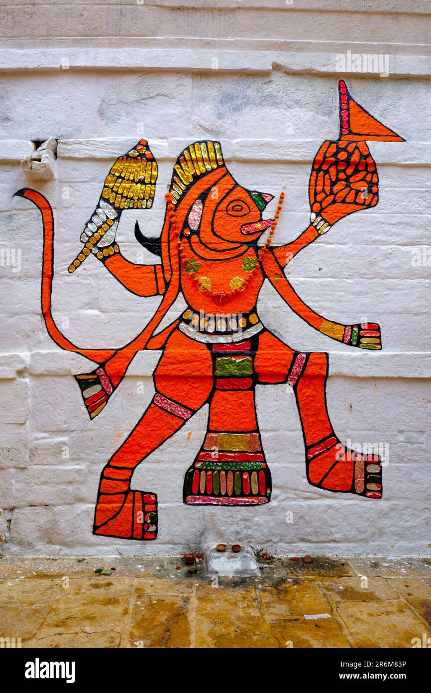 Hanuman Indian Hindu god image painted on wall. Jaiasalmer, Rajasthan ...