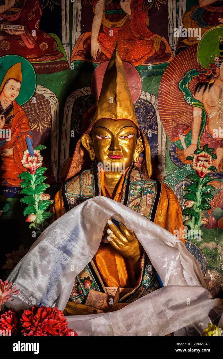 Statue of Je Tsongkhapa, founder of the Gelugpa school in Likir Gompa ...