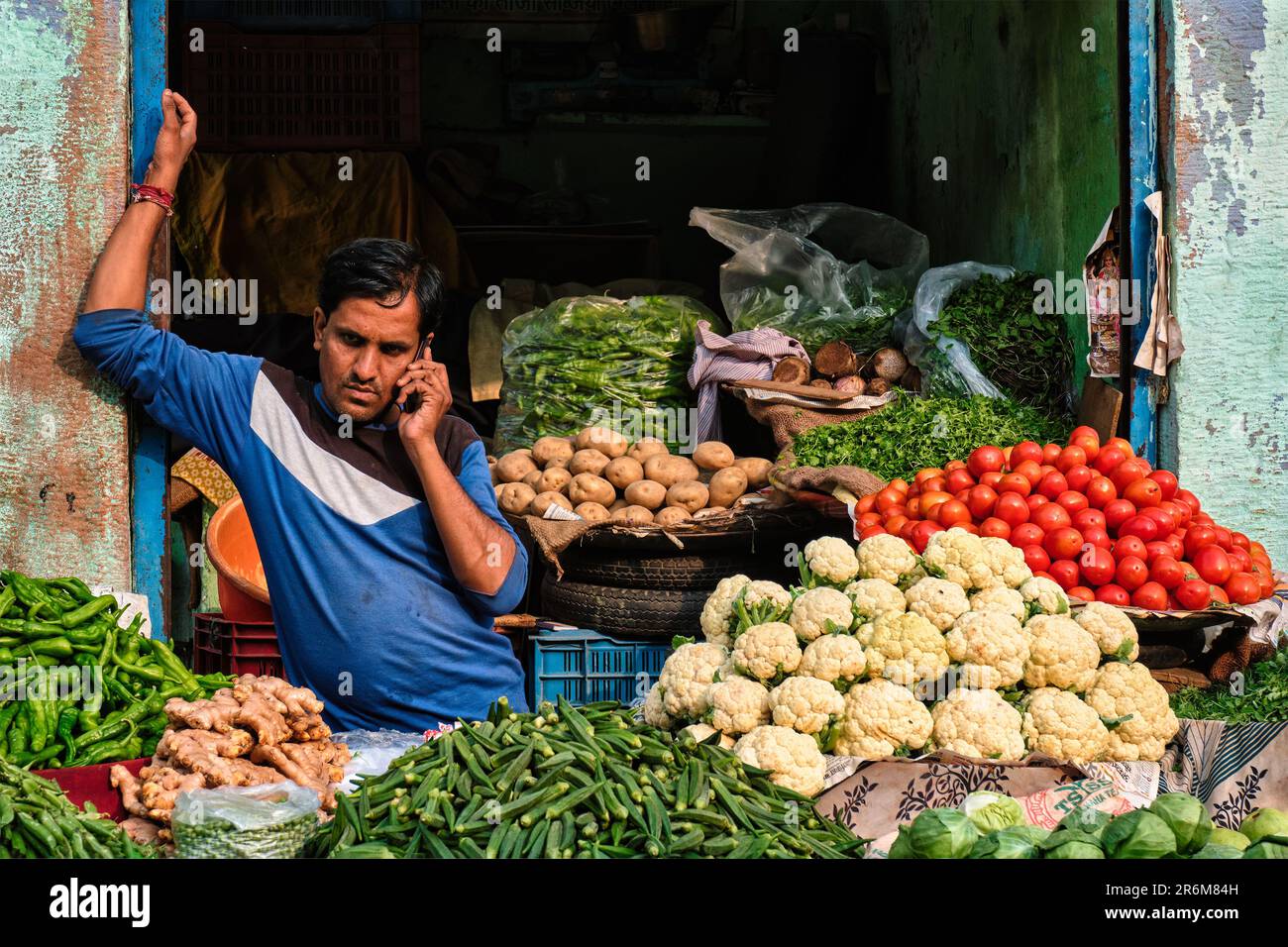 Vegetable seller ih his shop in Sadar Market. Jodhpur, Rajasthan, India ...