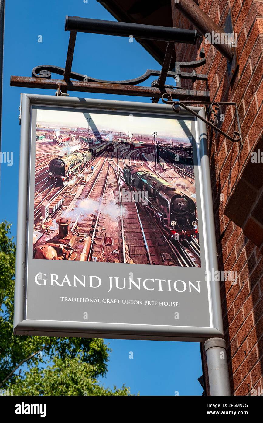 Close up of Grand Junction pub sign in town centre of Crewe Cheshire UK ...