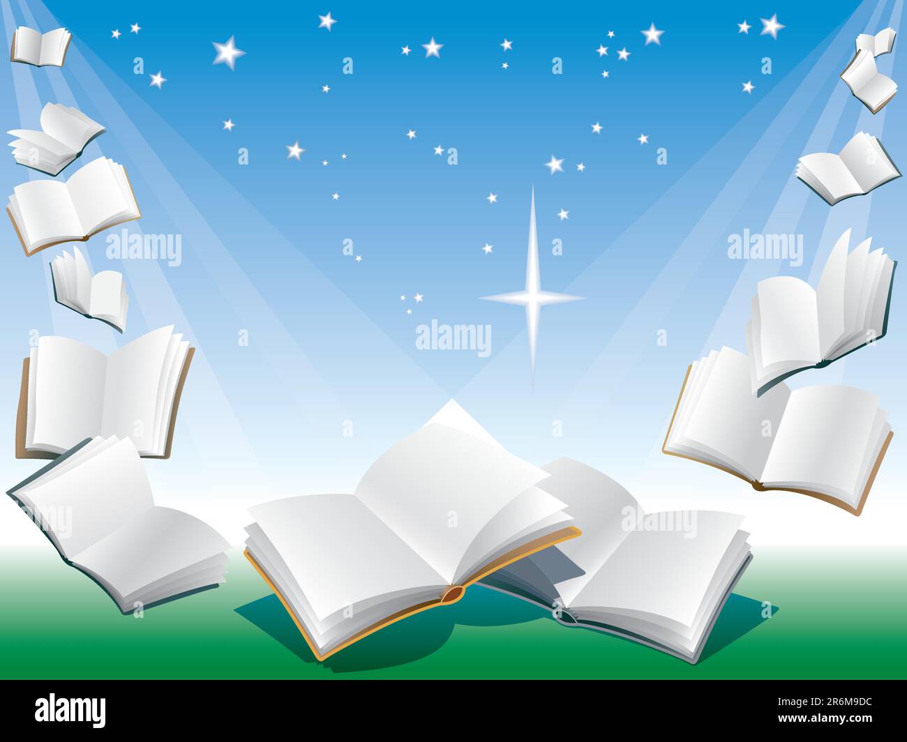 Open flying books, blue background with sunshine Stock Vector Image ...