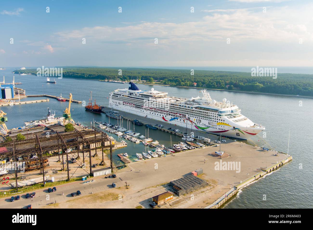 KLAIPEDA, LITHUANIA - JUNE 2022: Aerial view of huge 'Norwegian Dawn ...