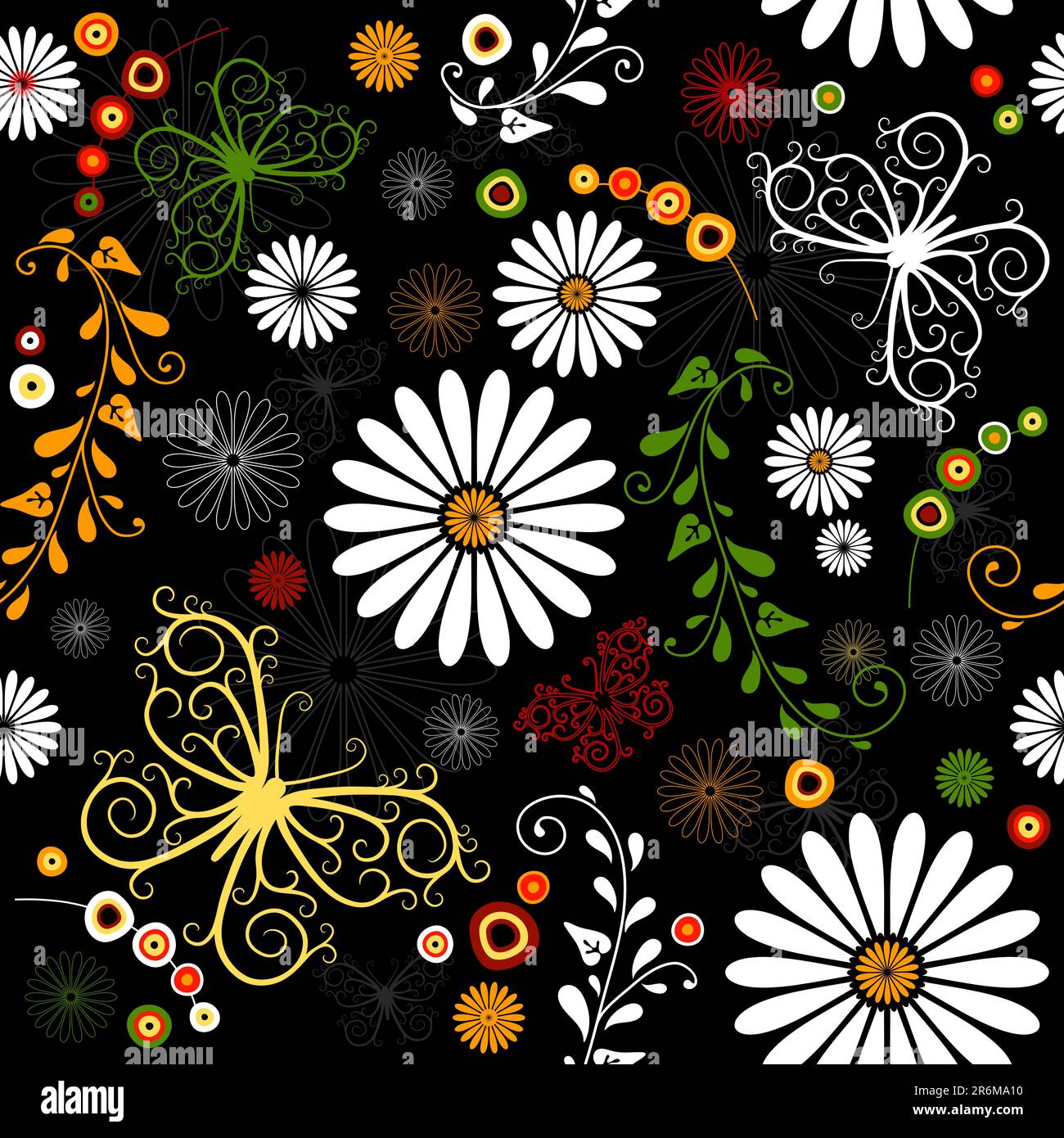 Repeating floral black pattern with flowers and butterflies(vector ...