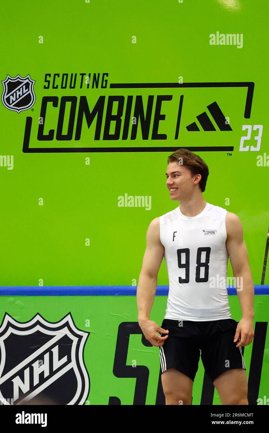 Connor Bedard looks on during the NHL hockey combine, Saturday, June 10 ...