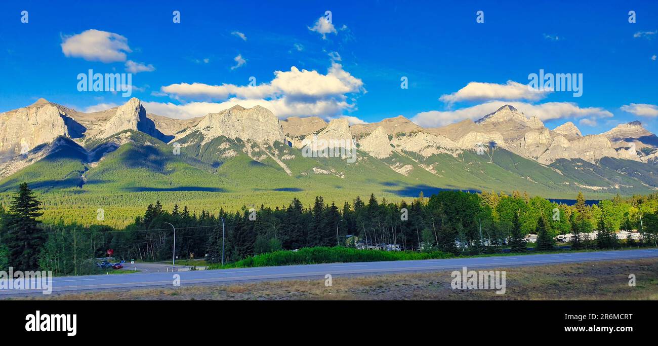 The Rundle Mountain range as seen from the Canmore Banff Highway in the ...