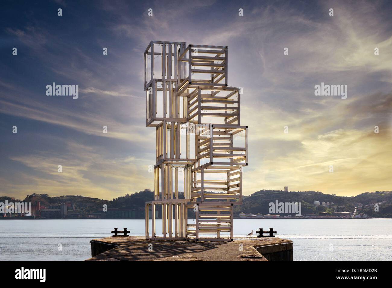 Structure made of cubes and Fluorescent light tubes at the edge of ...