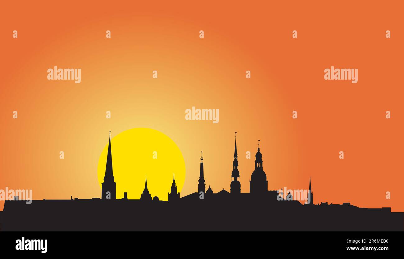 Vector illustration of Old Riga panorama silhouette at sunrise Stock ...