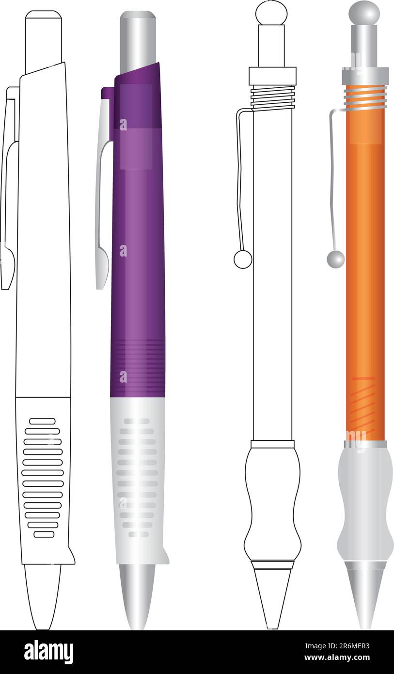 Two different ballpoint pens in colour and outlines. Vector graphics ...