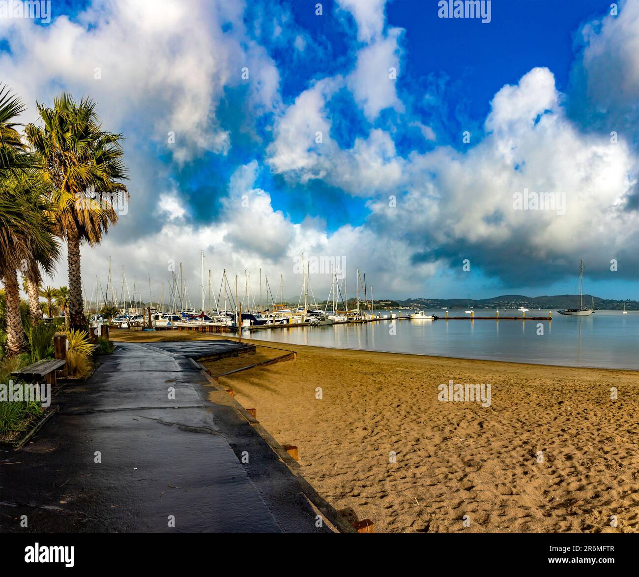 Sausalito beach under white clouds and blue sky in the San Francisco ...