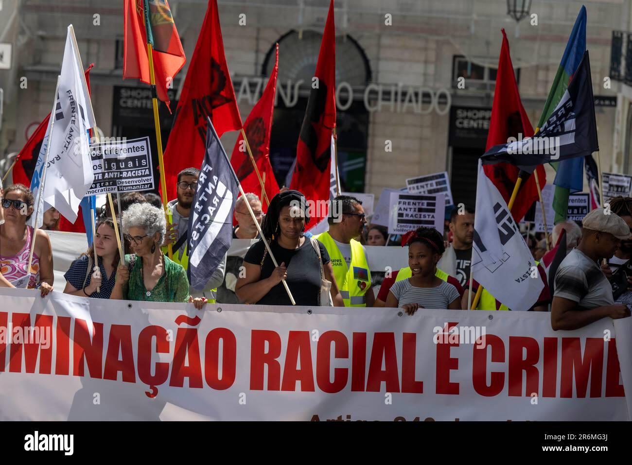 Lisbon, Portugal. 10th June, 2023. Activists hold banners, flags and ...
