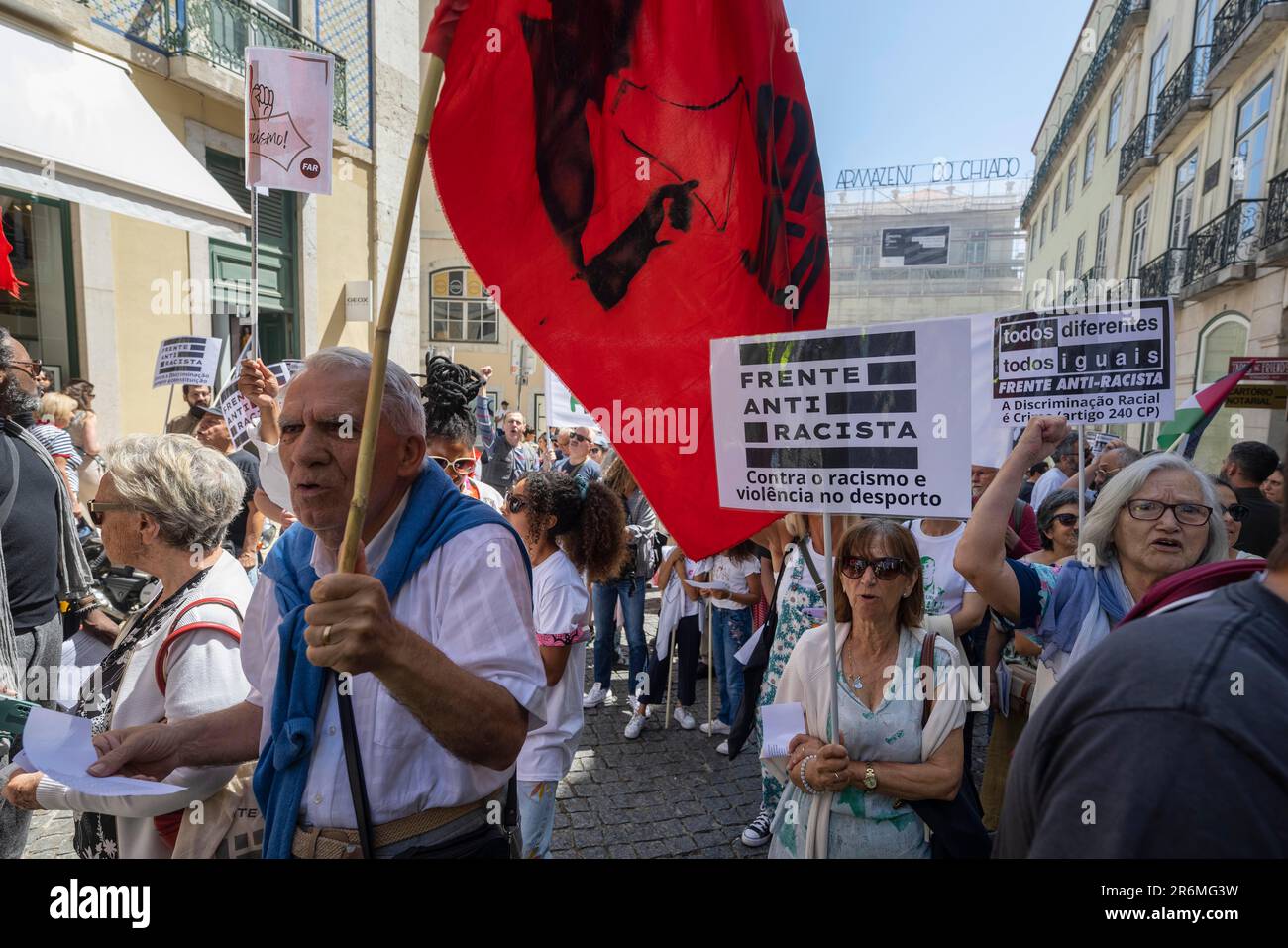 Lisbon, Portugal. 10th June, 2023. Activists hold placards and flags ...