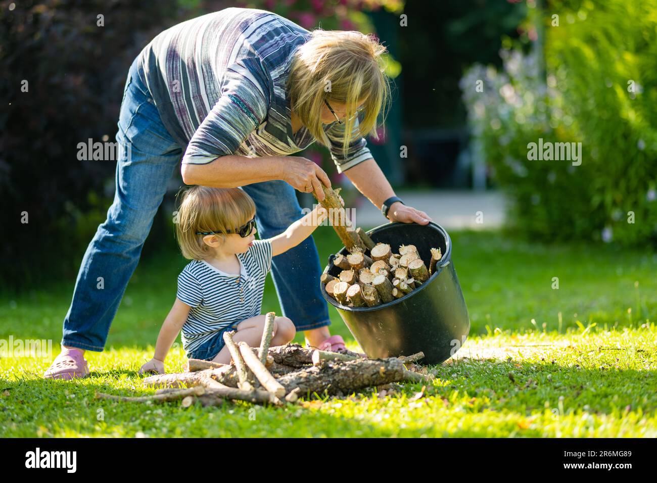 Senior woman and her grandson gathering dry firewood logs. Dry chopped ...