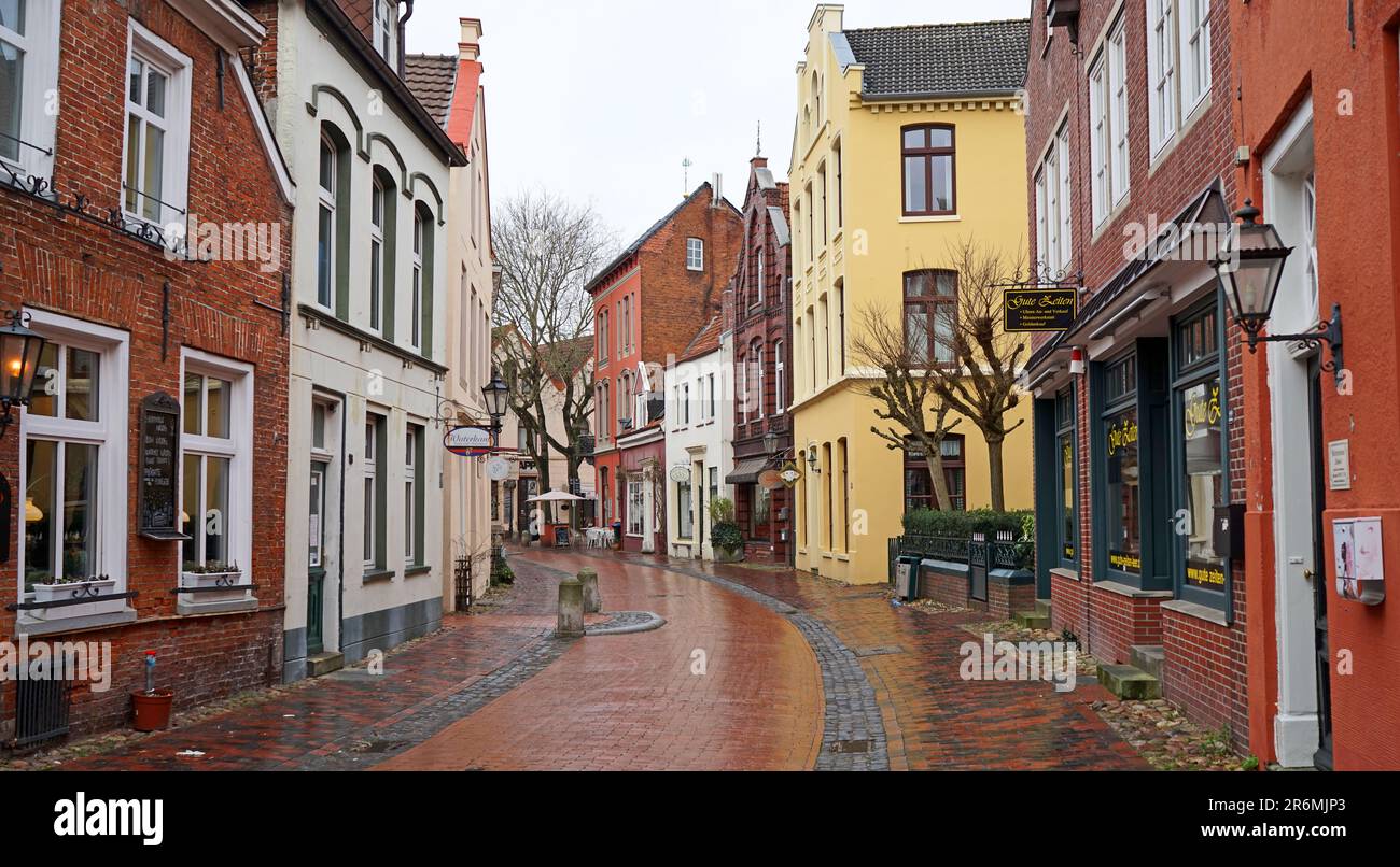 Leer, Germany - Jan 29 2023 The old town part in Leer. The street is ...