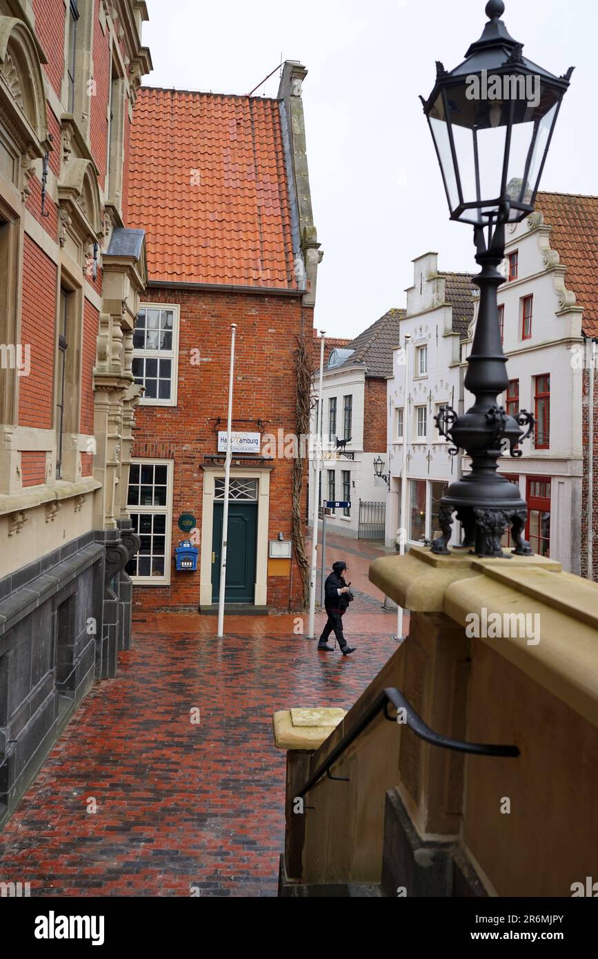Leer, Germany - Jan 29 2023. The old town part in Leer. The street is ...
